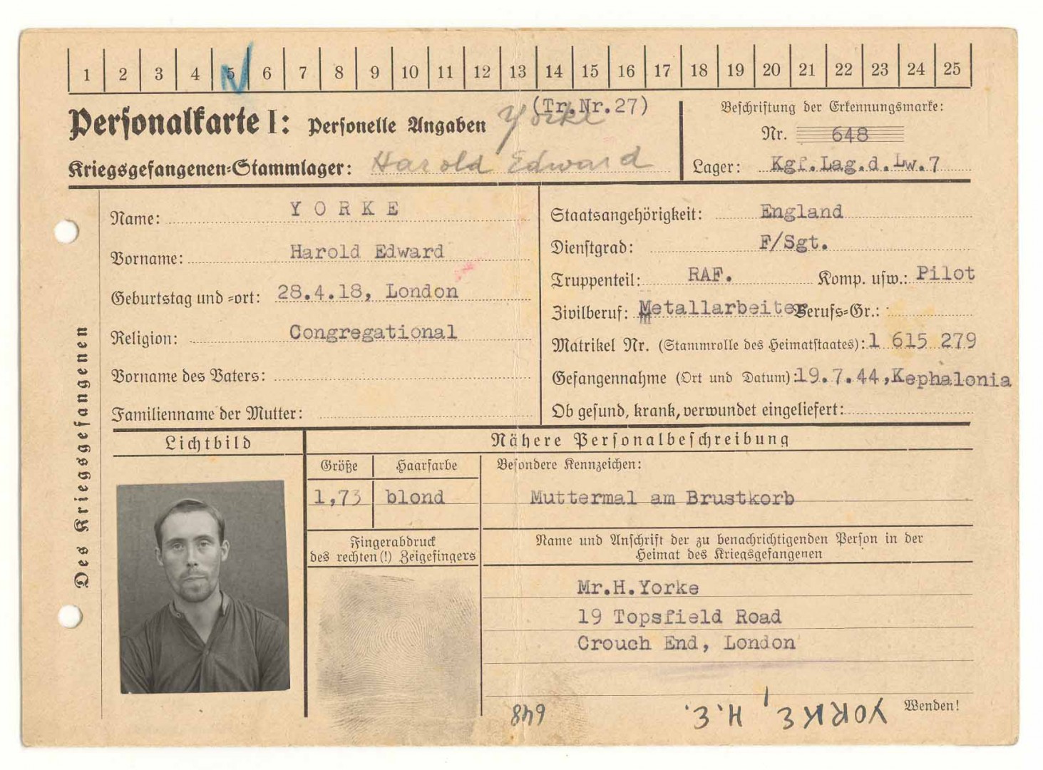 Harold Yorke’s prisoner card, soon after he was captured by the Germans ...